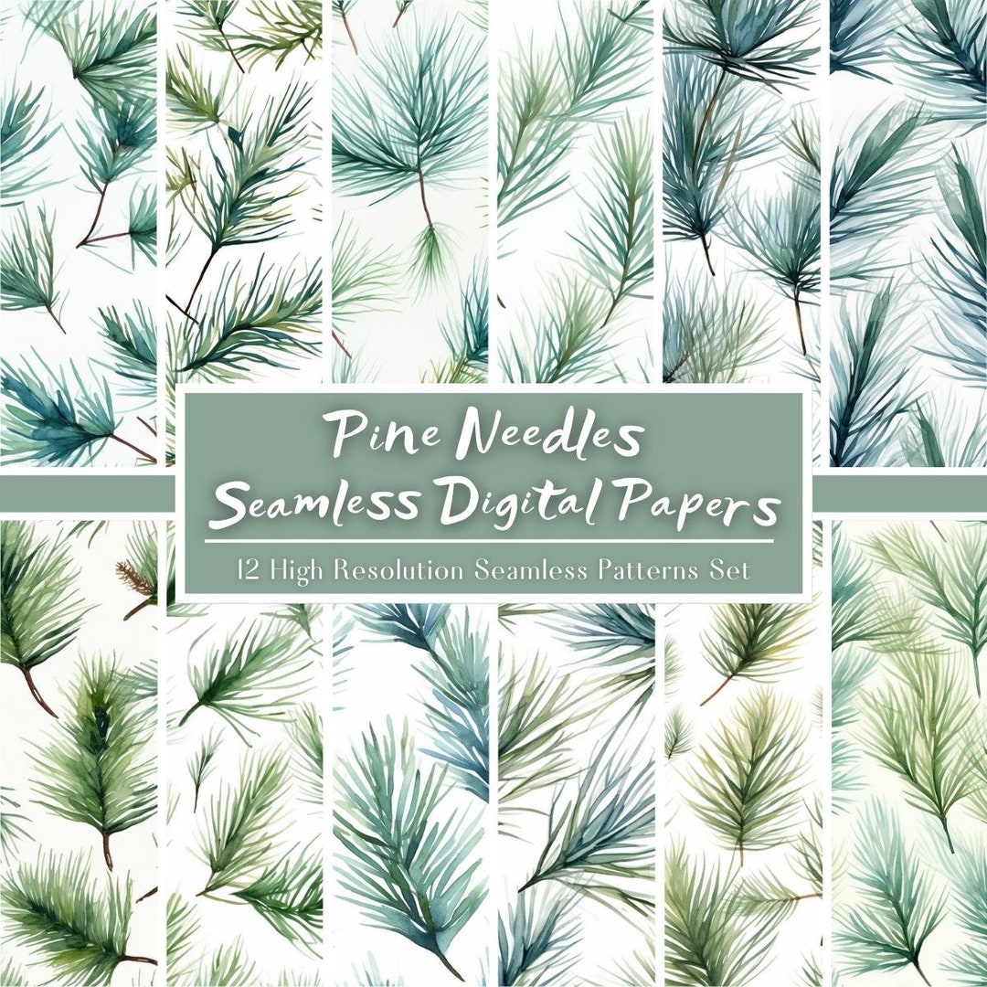 Watercolor Greenery Digital Paper Set, Pine Needles Seamless Pattern ...