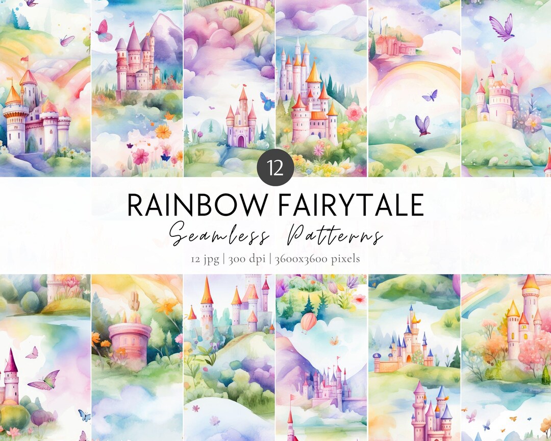Rainbow Fairytale Digital Paper Set, Colorful Castle Seamless Pattern ...