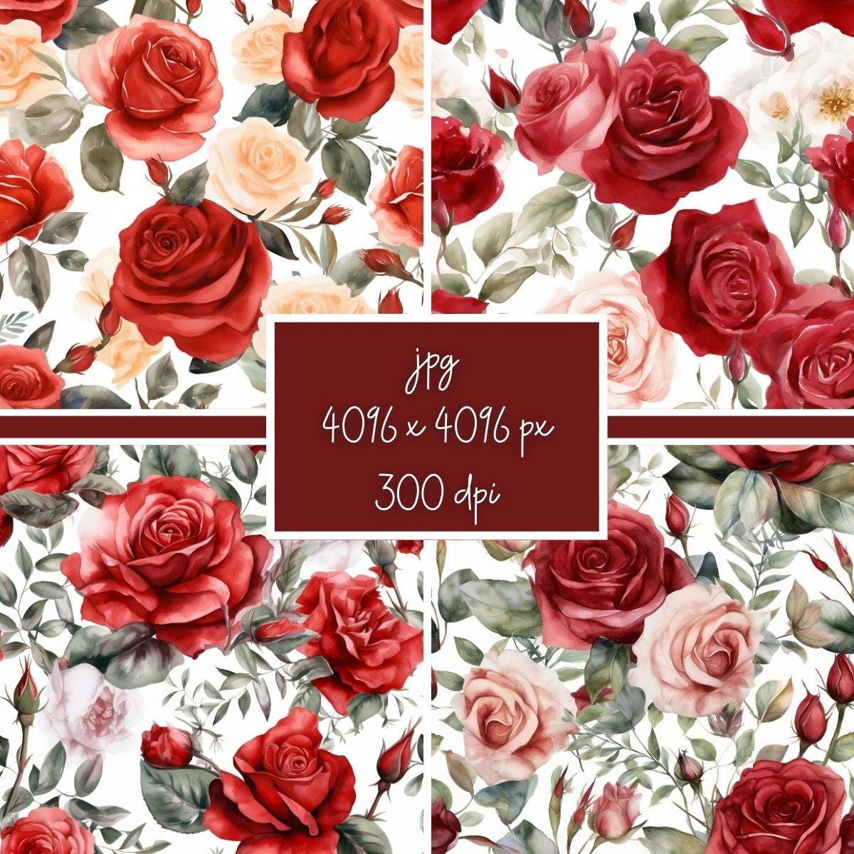 Watercolor Red Roses Digital Paper Set, Red Roses Seamless Pattern ...
