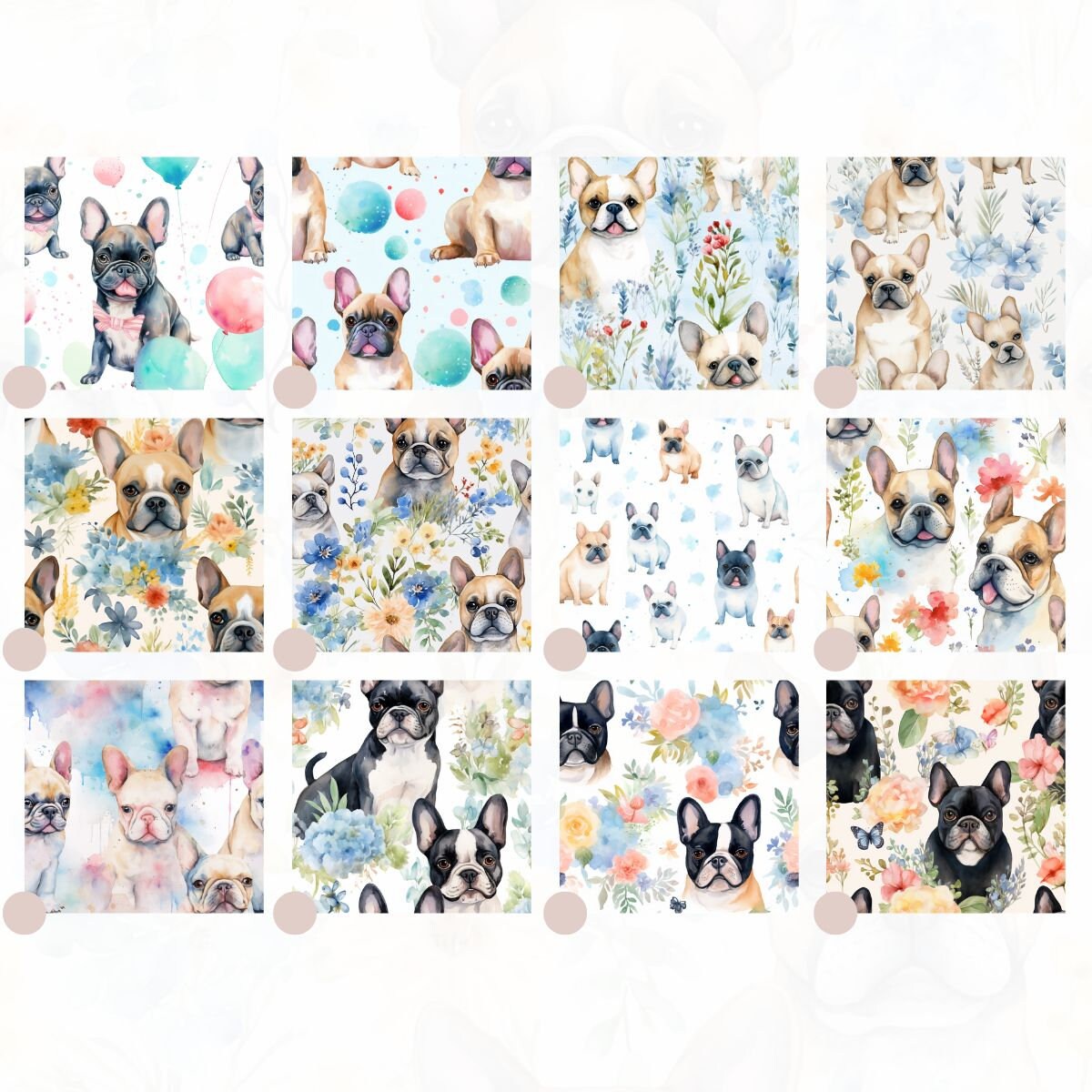 Cute French Bulldog Digital Paper Set, Watercolor French Bulldog ...