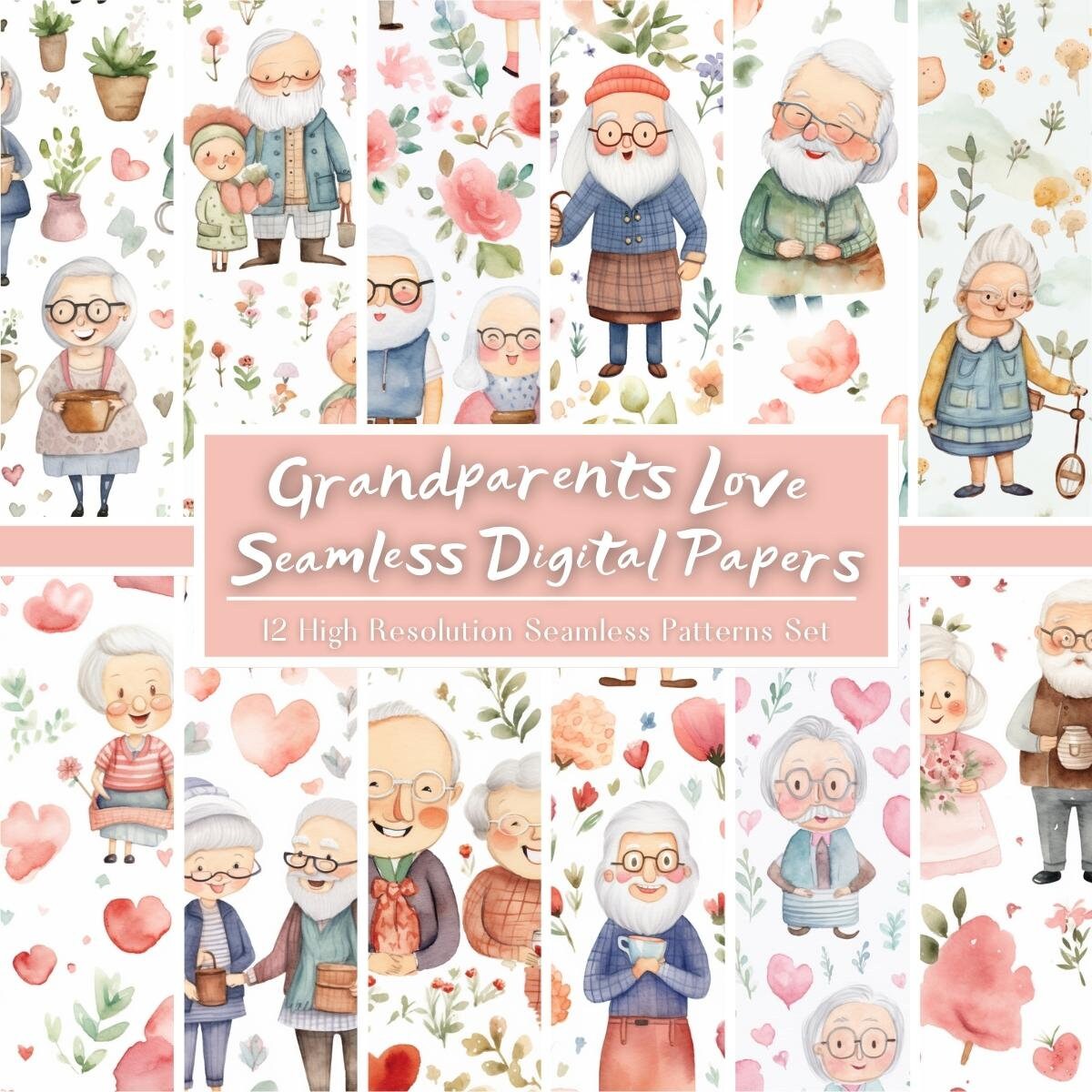 Grandparents Love Digital Paper Set, Watercolor Grandparents Day ...