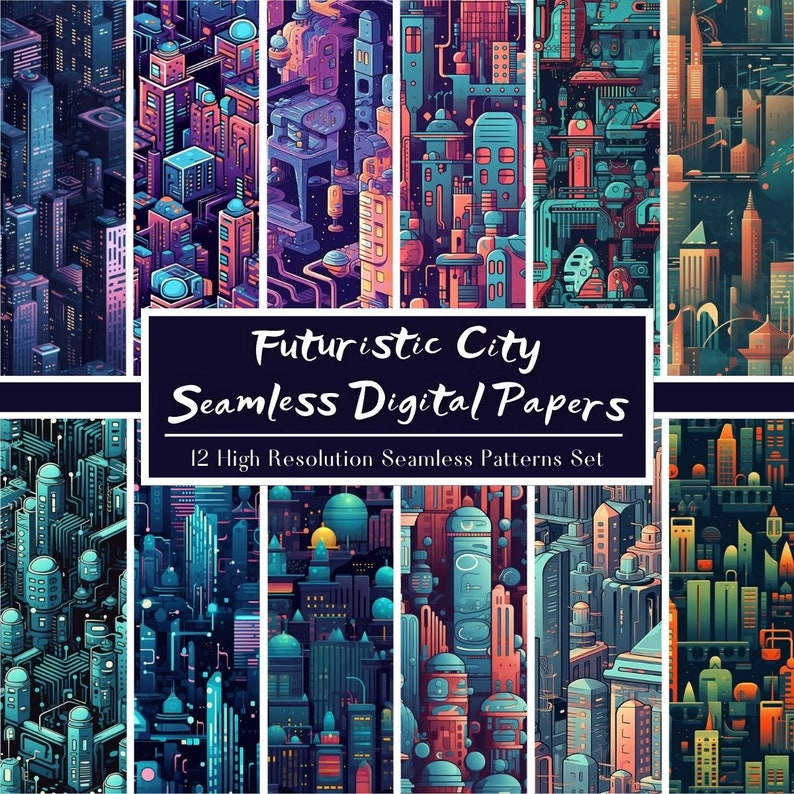Futuristic City Digital Paper Set, City Seamless Pattern, Cityscapes ...