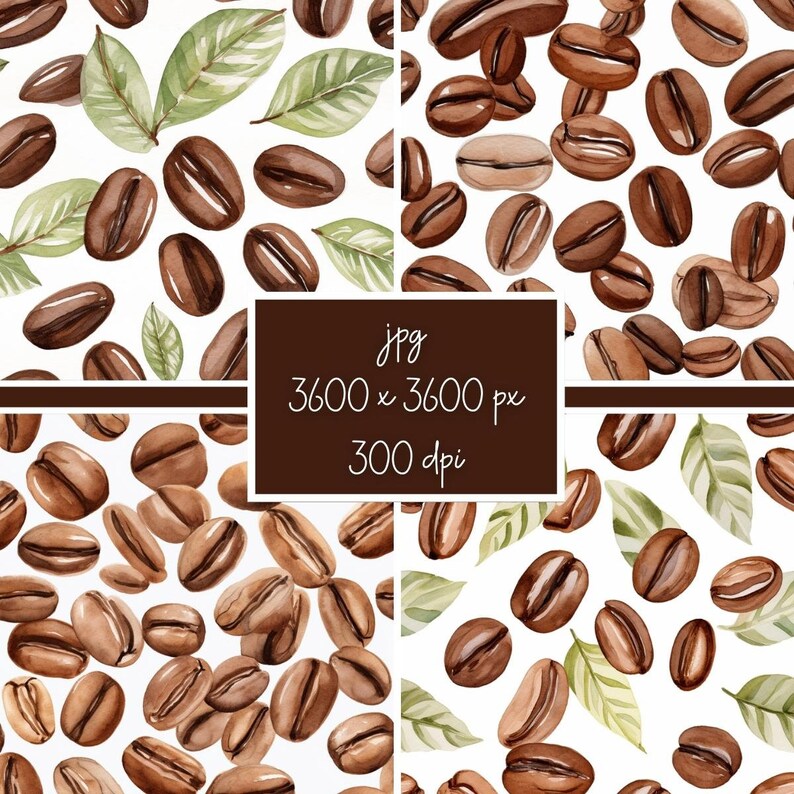 Watercolor Coffee Digital Paper Set, Boho Coffee Beans Seamless Pattern ...