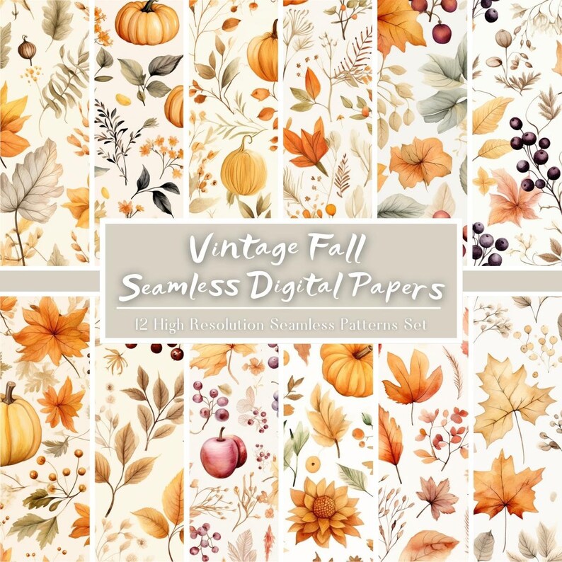 Vintage Fall Digital Paper Set, Leaf Greenery Seamless Patterns ...