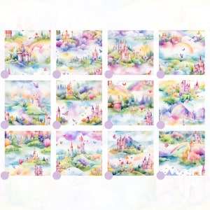 Rainbow Fairytale Digital Paper Set, Colorful Castle Seamless Pattern ...
