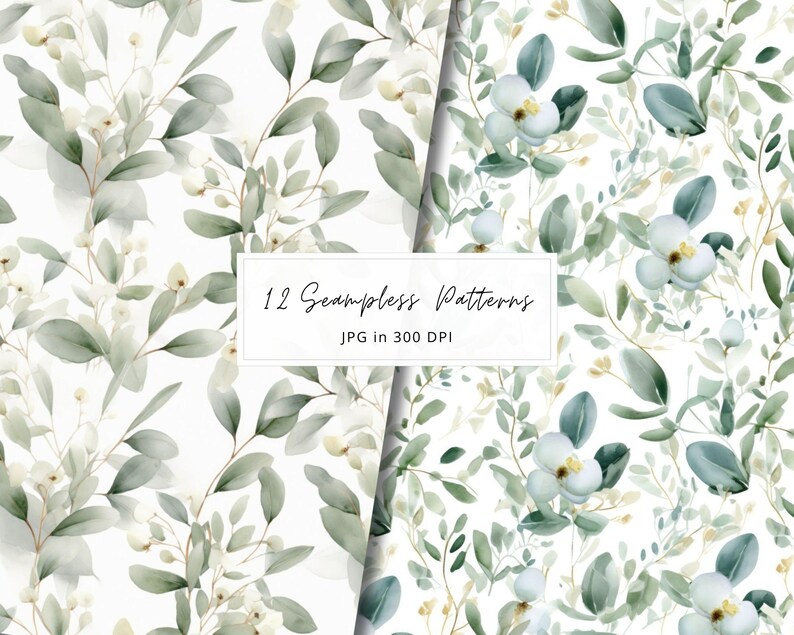 Watercolor Eucalyptus Digital Paper Set, Greenery Eucalyptus Seamless ...