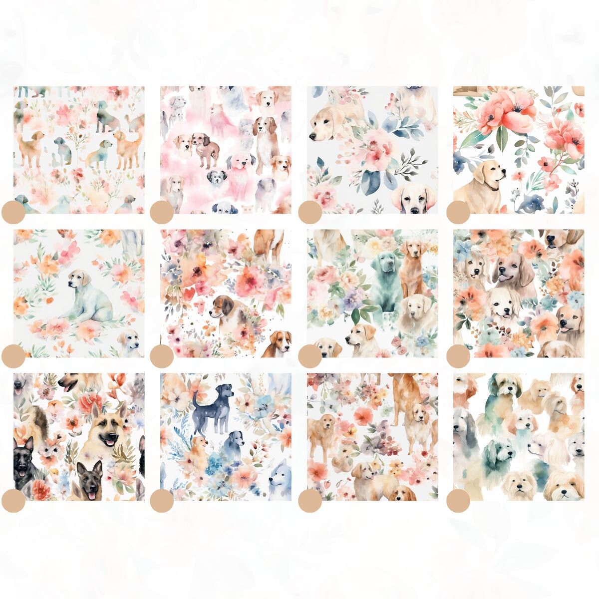 Watercolor Dogs Digital Paper Set, Dogs Seamless Pattern, Flowers ...