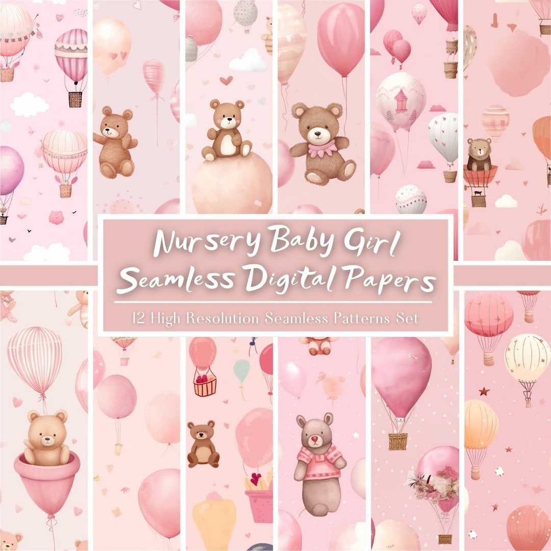 Nursery Baby Girl Digital Paper Set, Nursery Girl Seamless Pattern ...