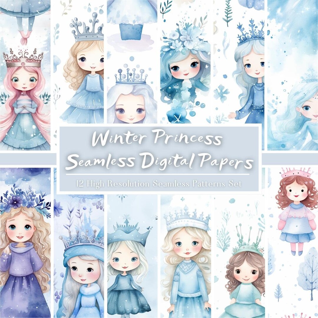 Winter Princess Digital Paper Set, Snowflakes Fairytale Seamless ...