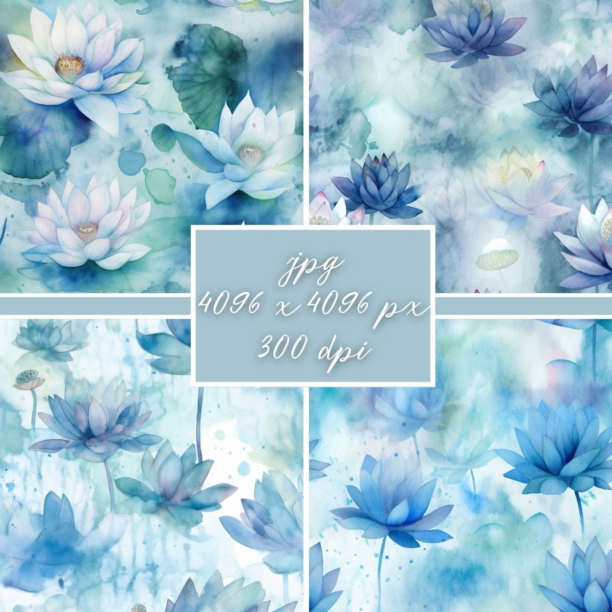 Watercolor Blue Lotus Digital Paper Set Flowers Seamless - Etsy