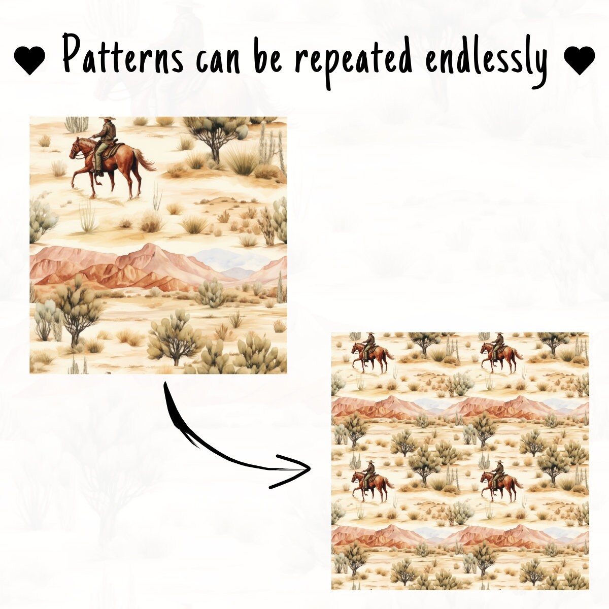 Watercolor Cactus Digital Paper Set, Western Seamless Pattern, Horse ...