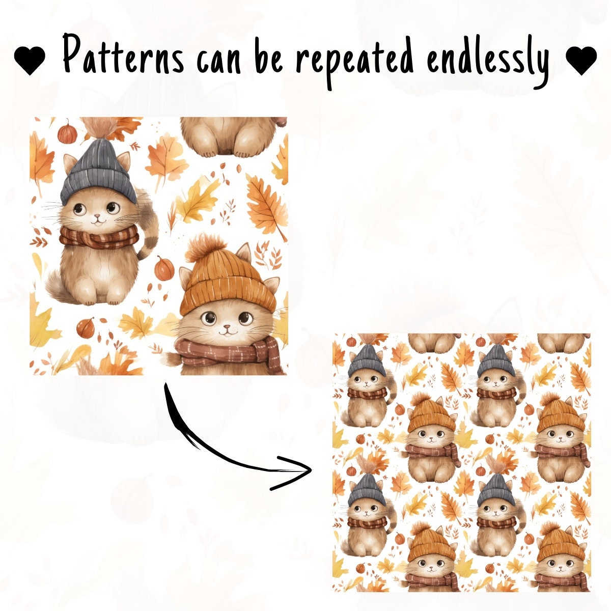 Autumn Cats Digital Paper Set, Watercolor Cats Seamless Pattern, Cute ...