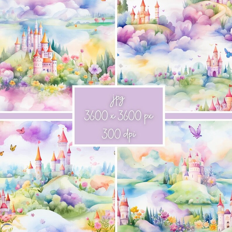 Rainbow Fairytale Digital Paper Set, Colorful Castle Seamless Pattern ...