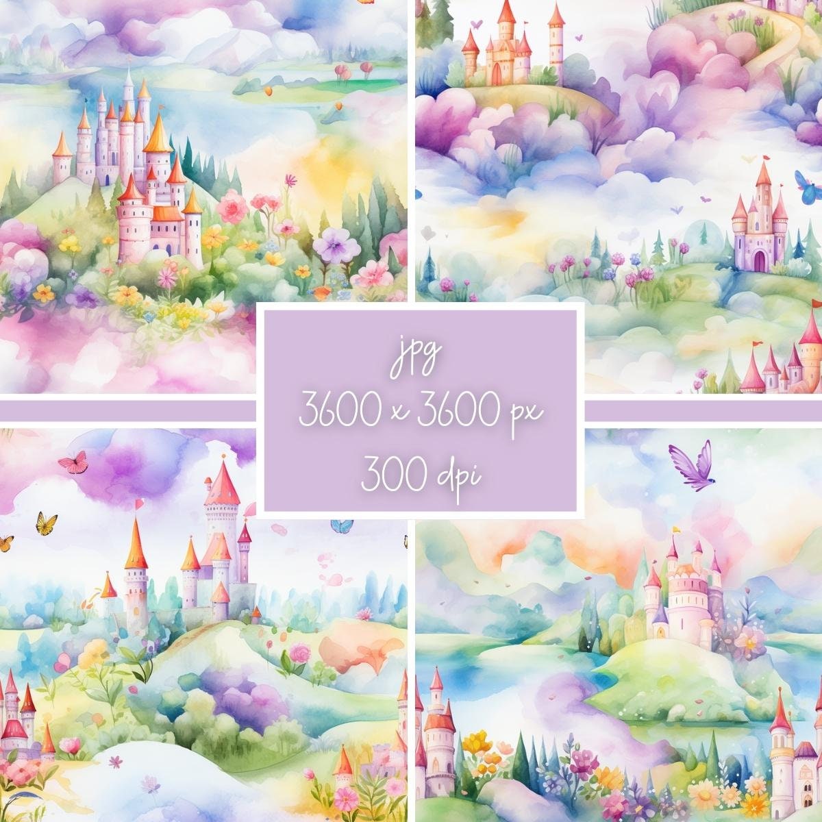 Rainbow Fairytale Digital Paper Set, Colorful Castle Seamless Pattern ...