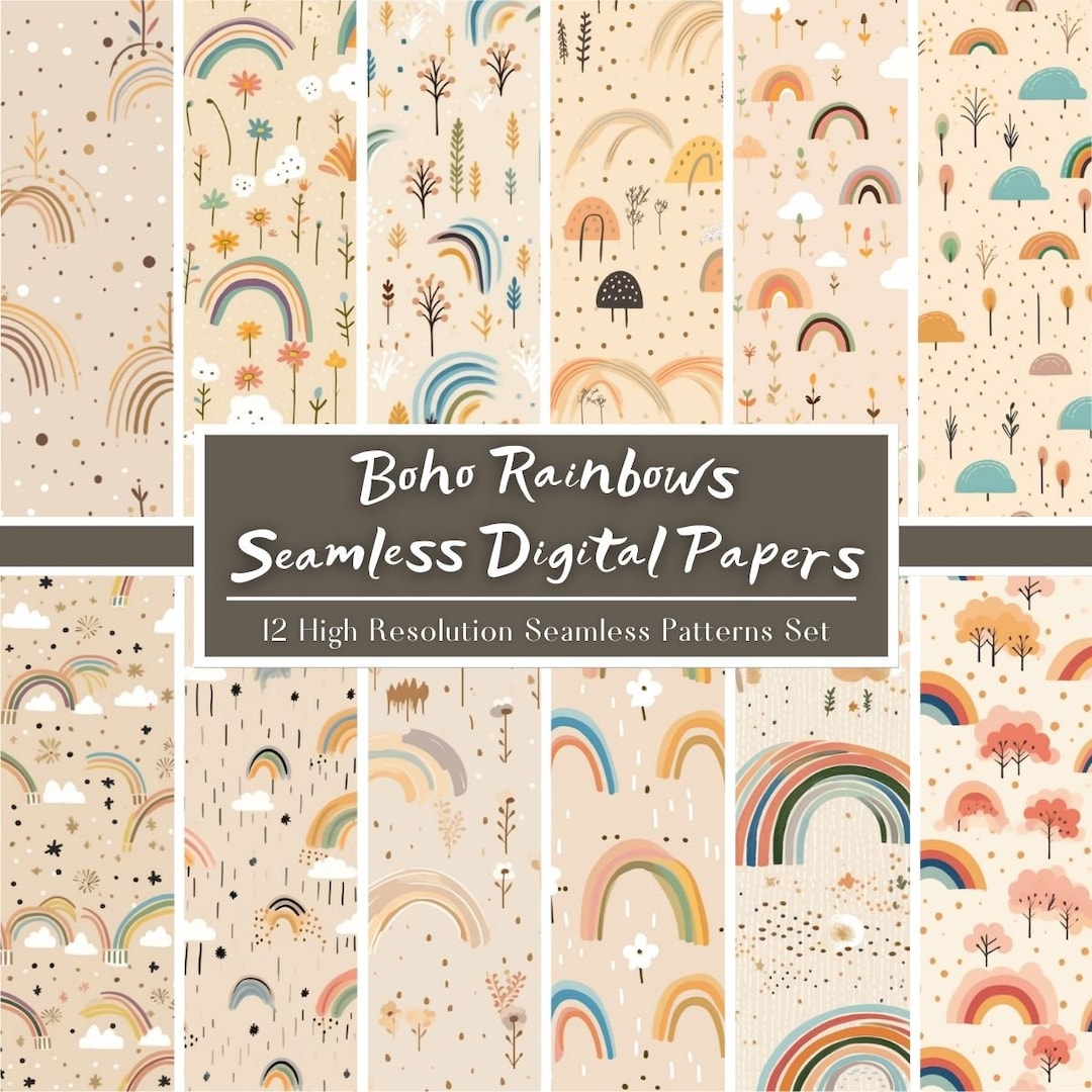 Boho Rainbow Digital Paper Set, Boho Rainbow Seamless Pattern, Bohemian ...