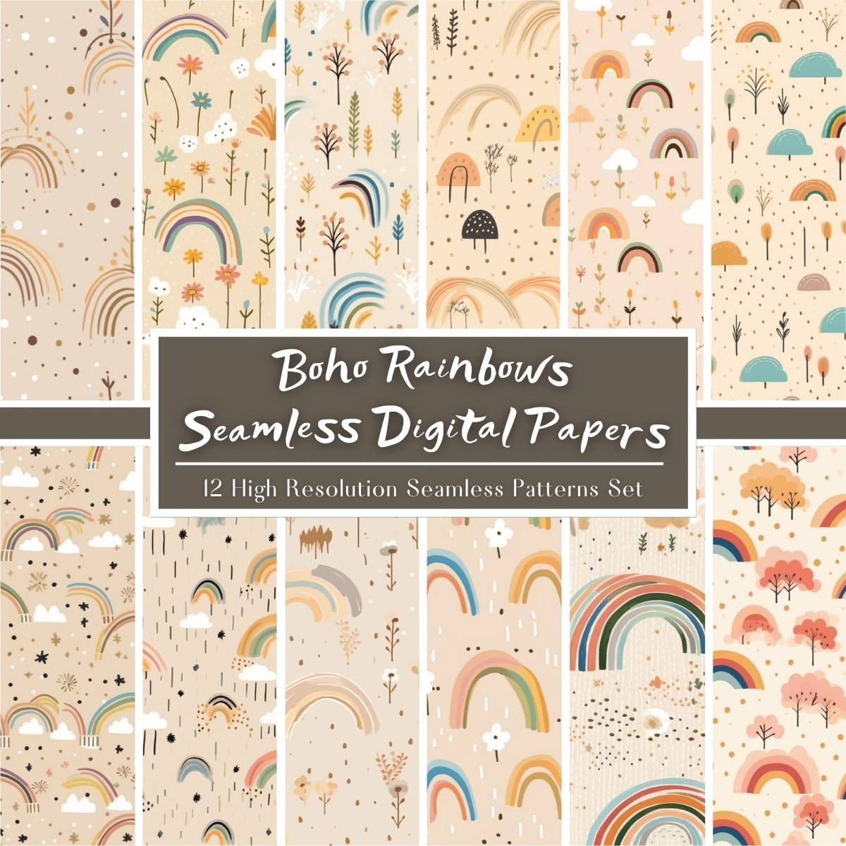 Boho Rainbow Digital Paper Set Boho Rainbow Seamless Pattern - Etsy