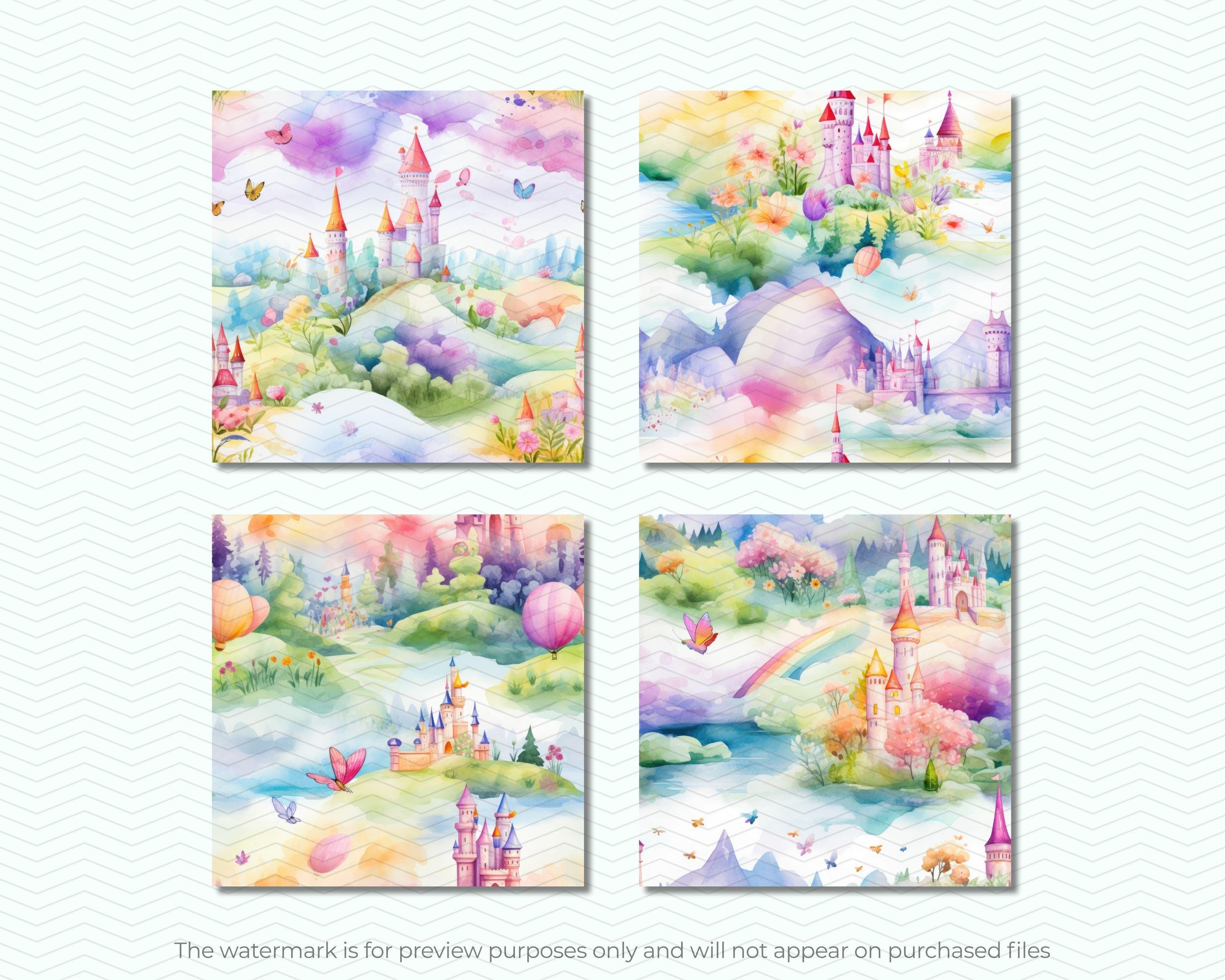 Rainbow Fairytale Digital Paper Set, Colorful Castle Seamless Pattern ...