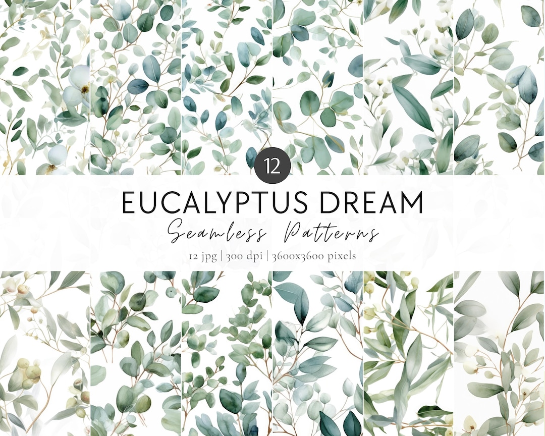 Watercolor Eucalyptus Digital Paper Set, Greenery Eucalyptus Seamless ...