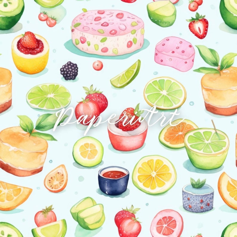 Watercolor Cute Food Digital Paper Set, Cuto Food Seamless Pattern ...