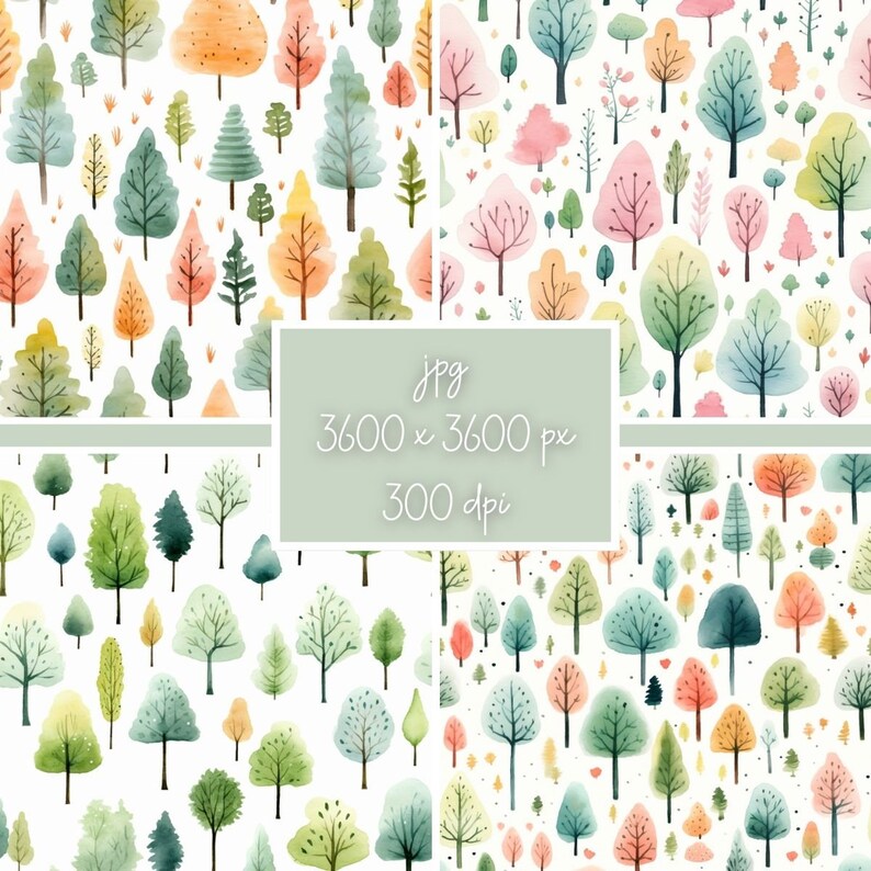 Watercolor Trees and Leaves Digital Paper Set, Cute Leaves Seamless ...