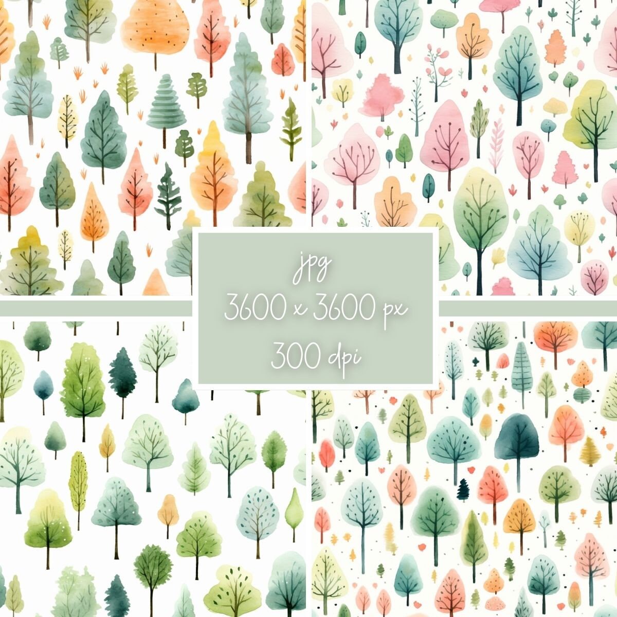 Watercolor Trees and Leaves Digital Paper Set, Cute Leaves Seamless ...