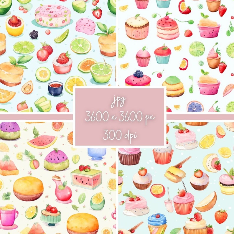 Watercolor Cute Food Digital Paper Set, Cuto Food Seamless Pattern ...