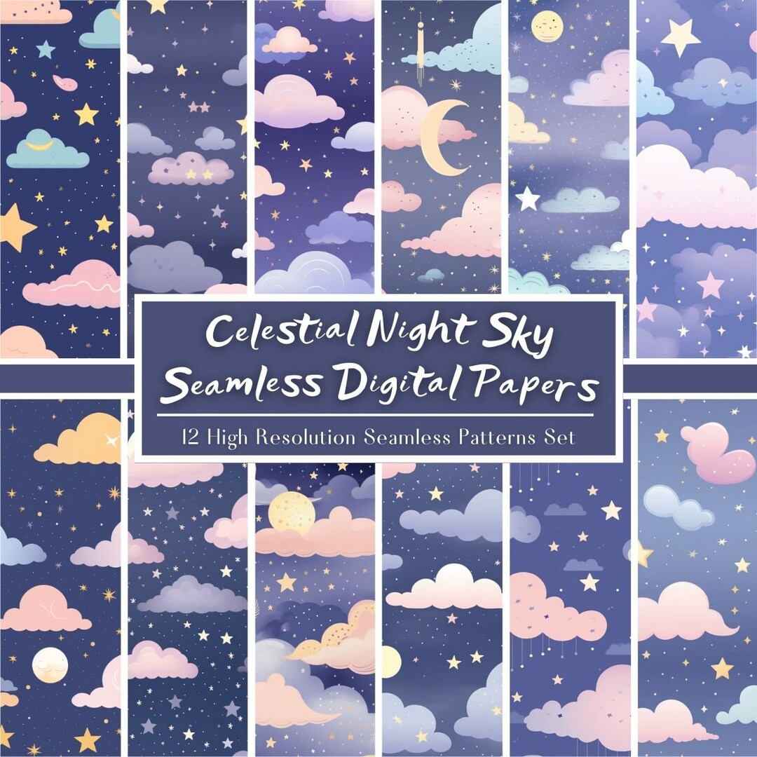 Celestial Night Sky Digital Paper Set, Cute Universe Seamless Pattern ...