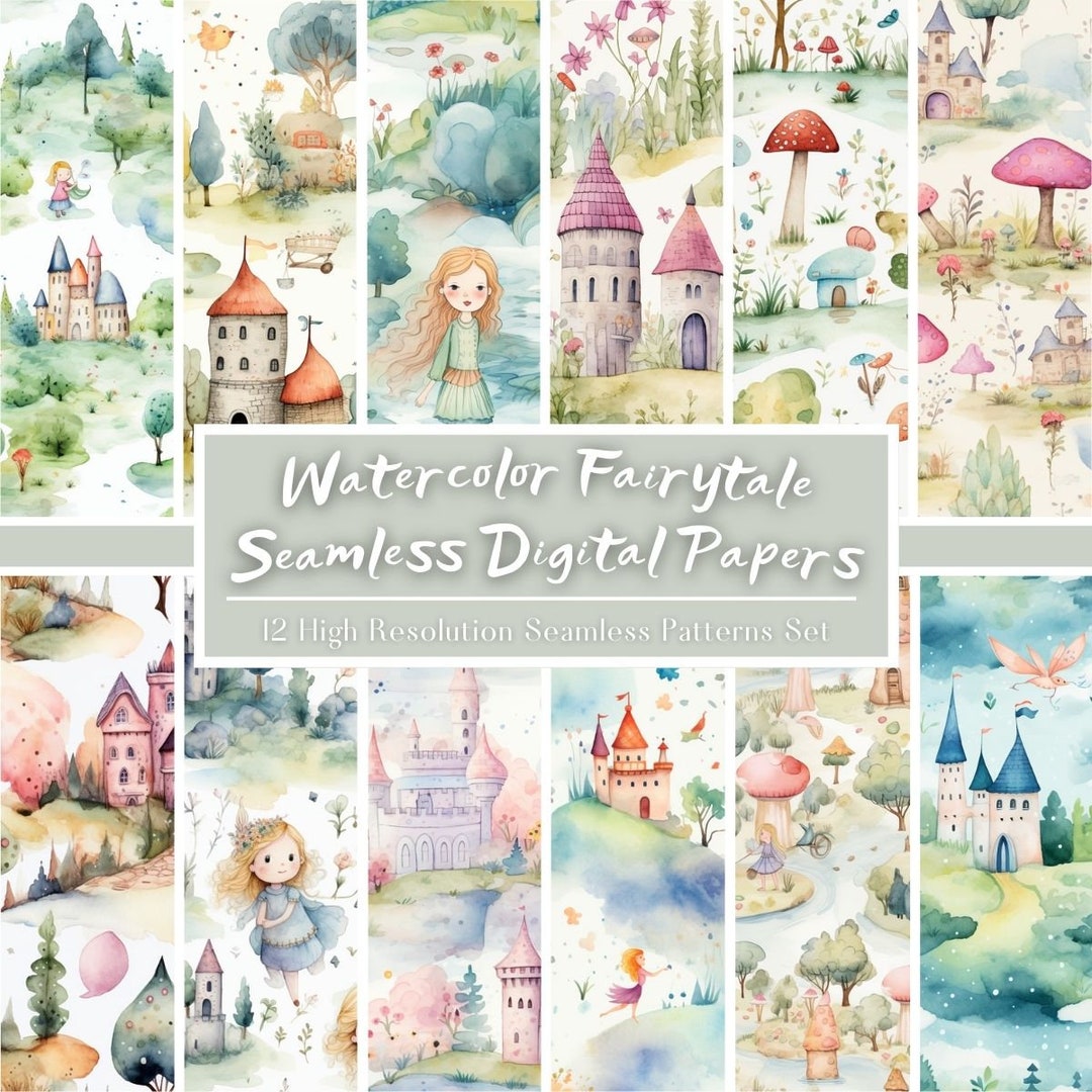 Watercolor Fairytale Digital Paper Set, Fairytale Seamless Pattern ...