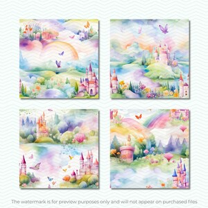 Rainbow Fairytale Digital Paper Set, Colorful Castle Seamless Pattern ...