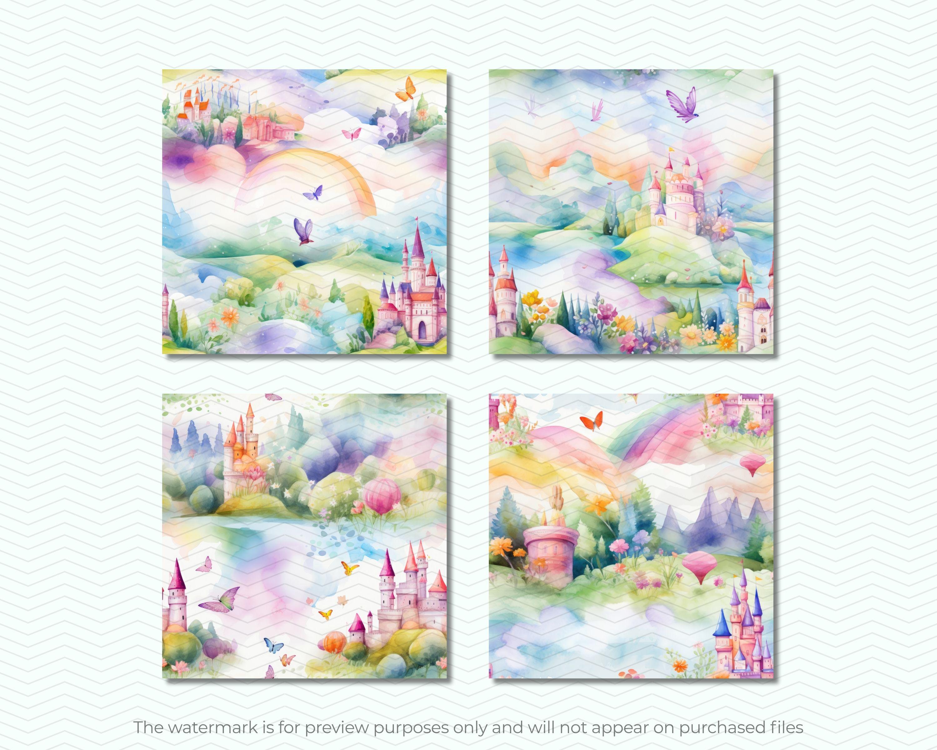 Rainbow Fairytale Digital Paper Set, Colorful Castle Seamless Pattern ...