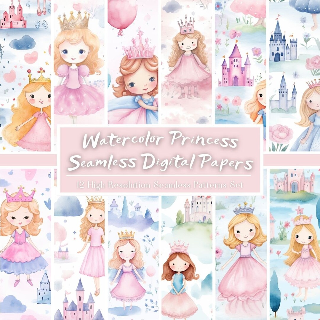 Watercolor Little Princess Digital Paper Set, Nursery Princess Seamless ...