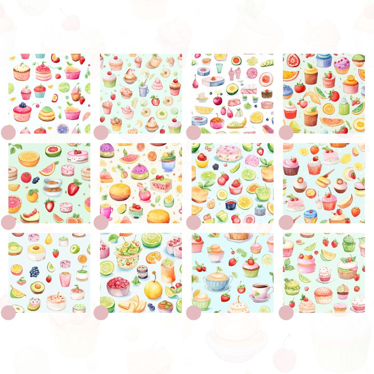 Watercolor Cute Food Digital Paper Set, Cuto Food Seamless Pattern ...