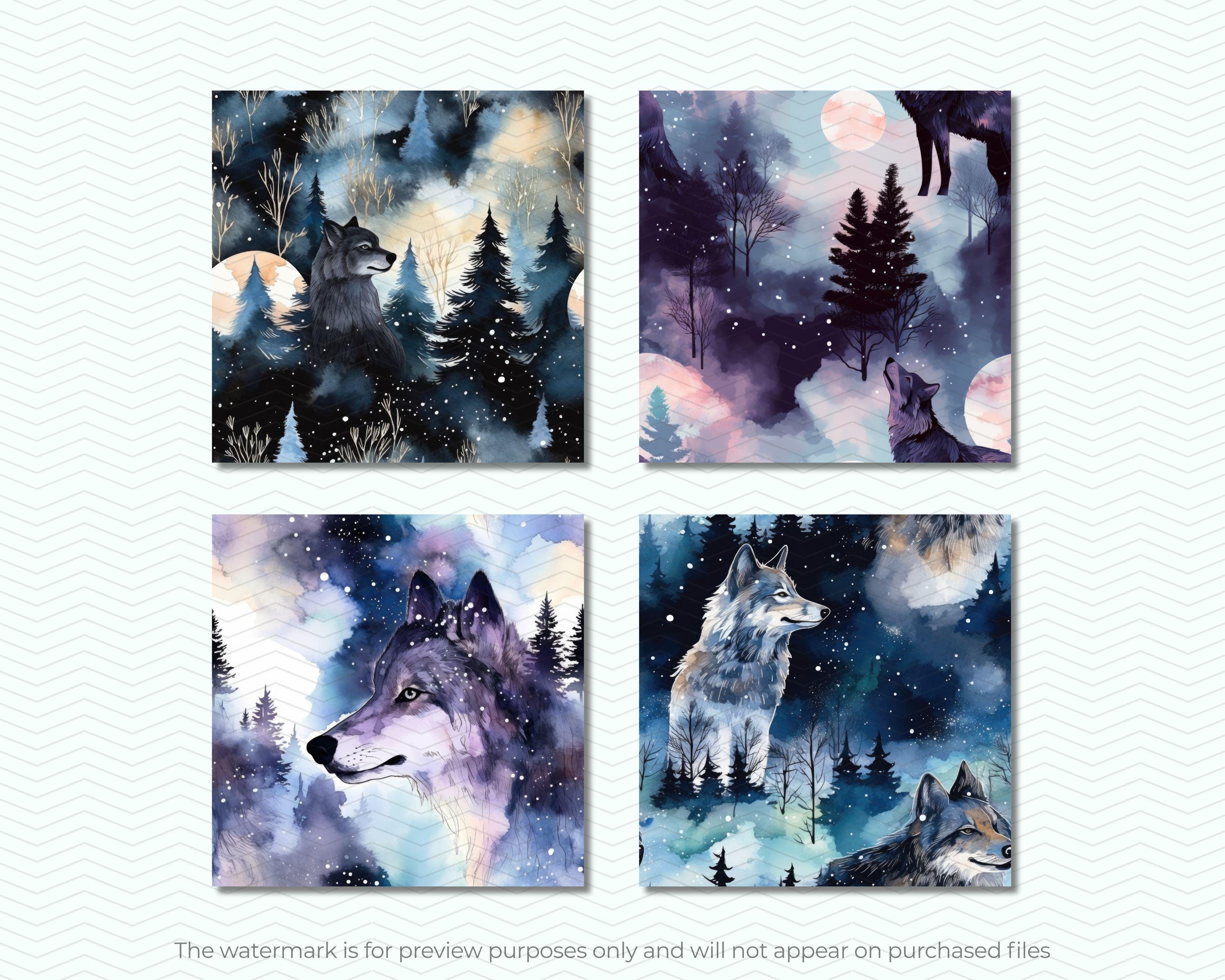 Dreamy Wolf Digital Paper Set, Magical Wolf Seamless Pattern, Night Dog ...