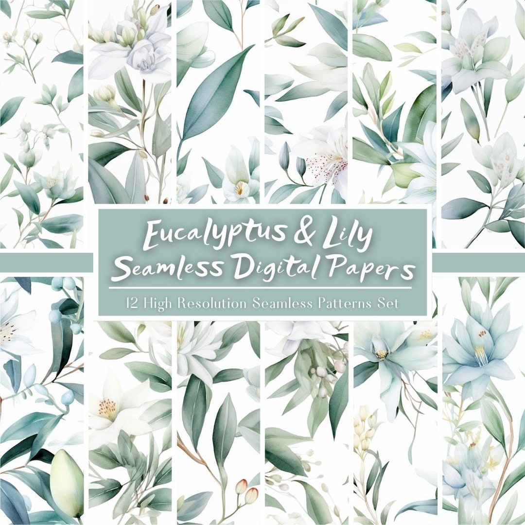 Watercolor Lily and Leaves Digital Paper Set, Eucalyptus Seamless ...