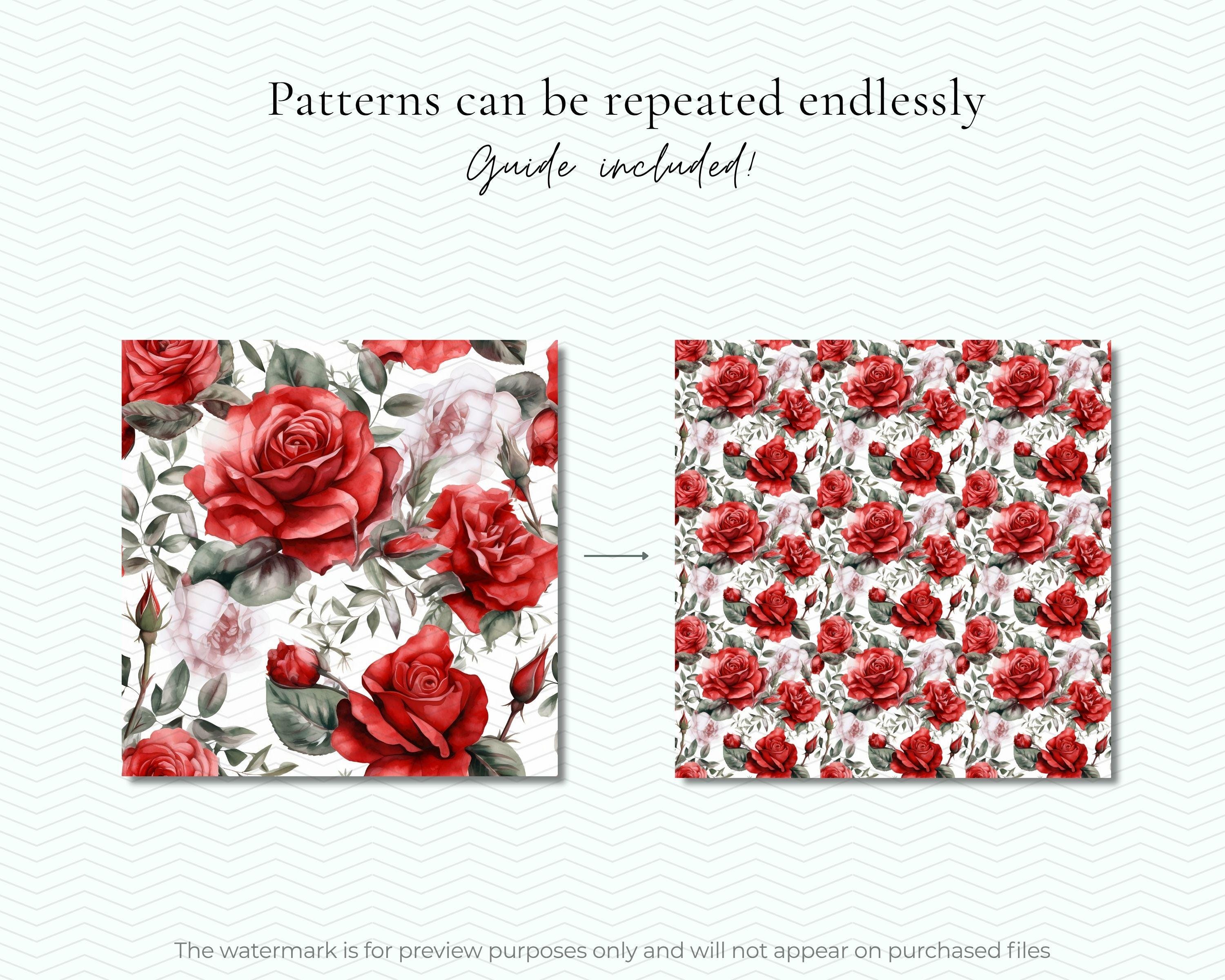 Watercolor Red Roses Digital Paper Set, Red Roses Seamless Pattern ...