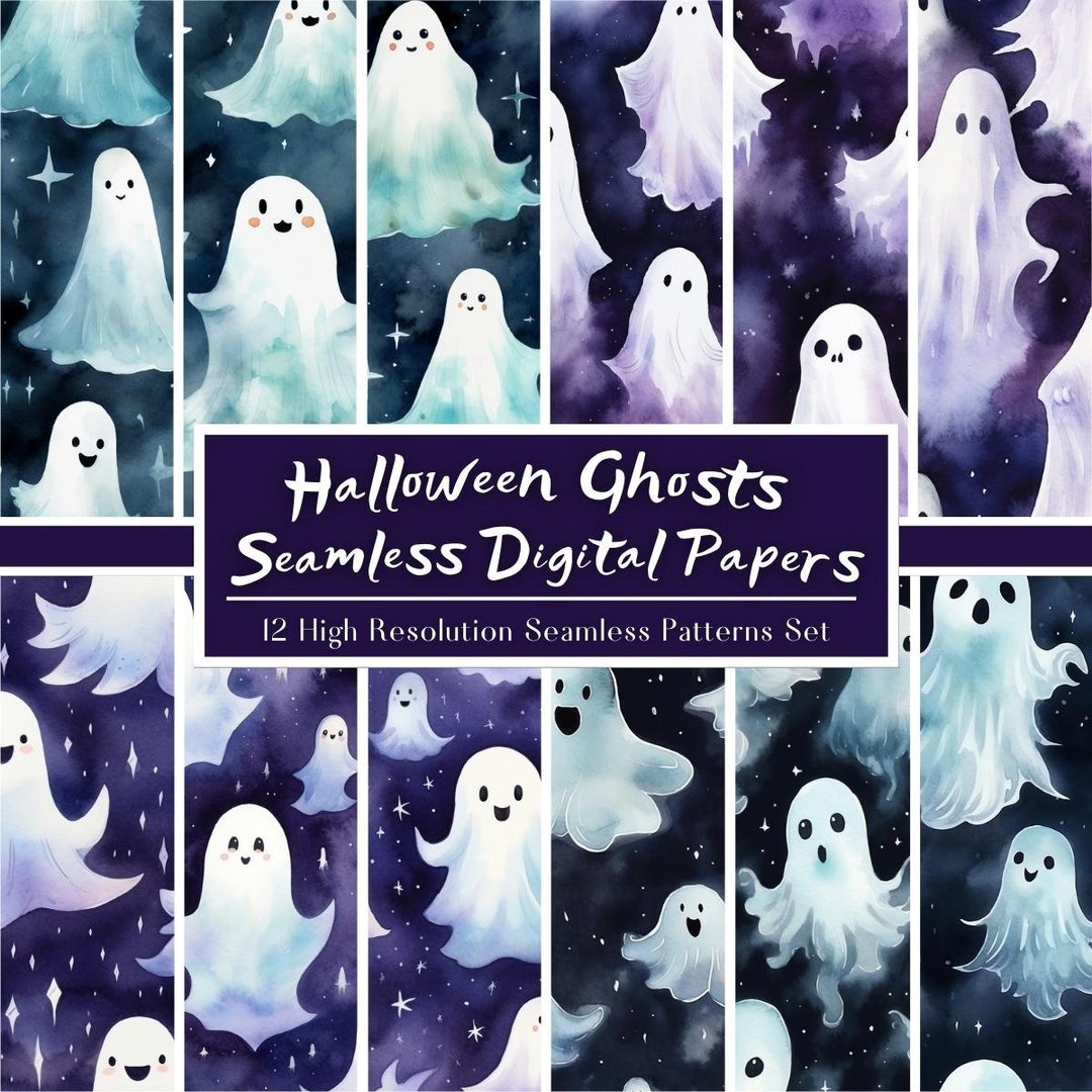 Halloween Ghosts Digital Paper Set, Watercolor Ghost Seamless Pattern ...