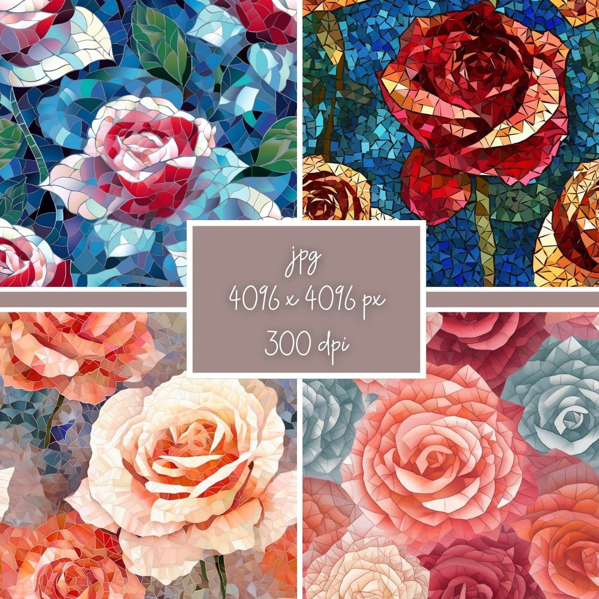 Mosaic Roses Digital Paper Set, Mosaic Roses Seamless Pattern, Floral ...