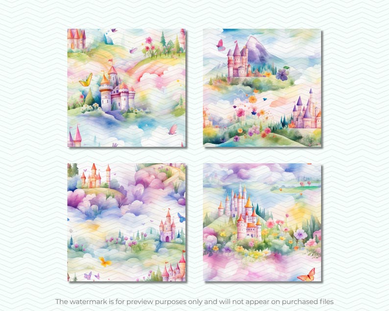 Rainbow Fairytale Digital Paper Set, Colorful Castle Seamless Pattern ...