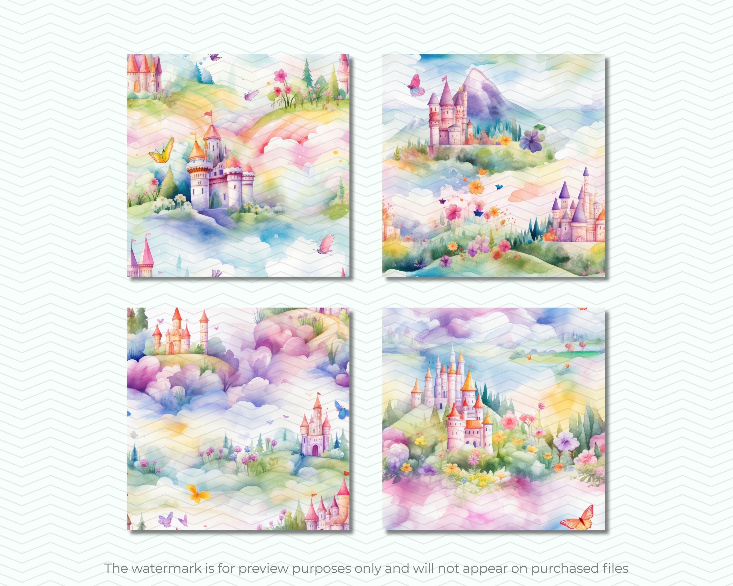 Rainbow Fairytale Digital Paper Set, Colorful Castle Seamless Pattern ...