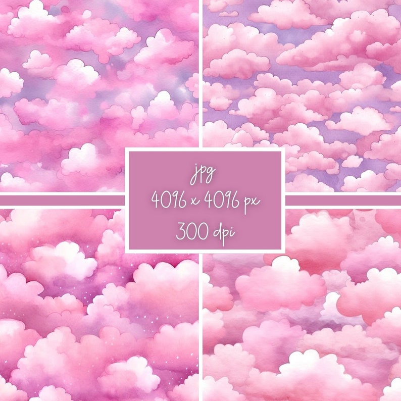 Watercolor Pink Clouds Digital Paper Set, Soft Sky Seamless Pattern ...