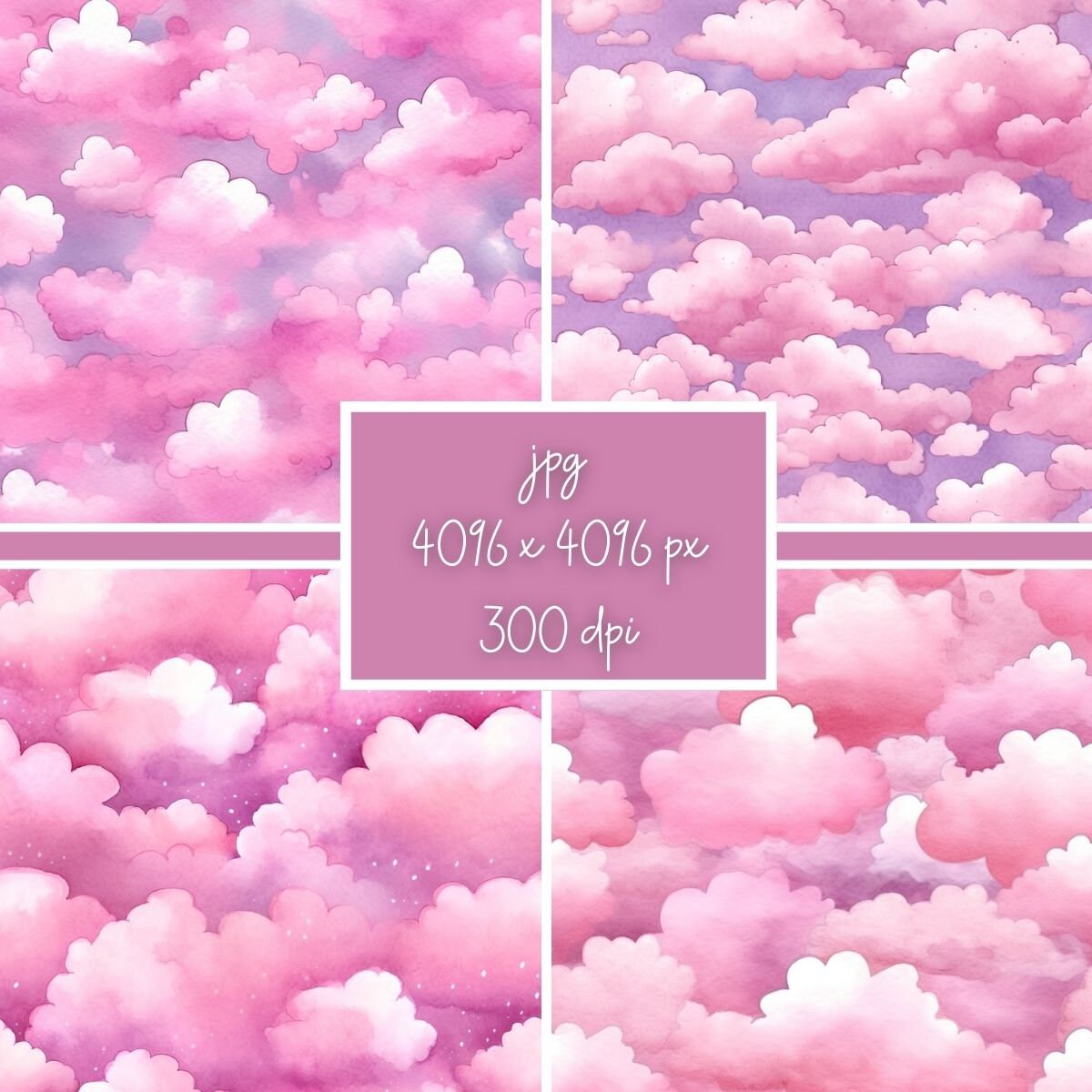 Watercolor Pink Clouds Digital Paper Set, Soft Sky Seamless Pattern ...
