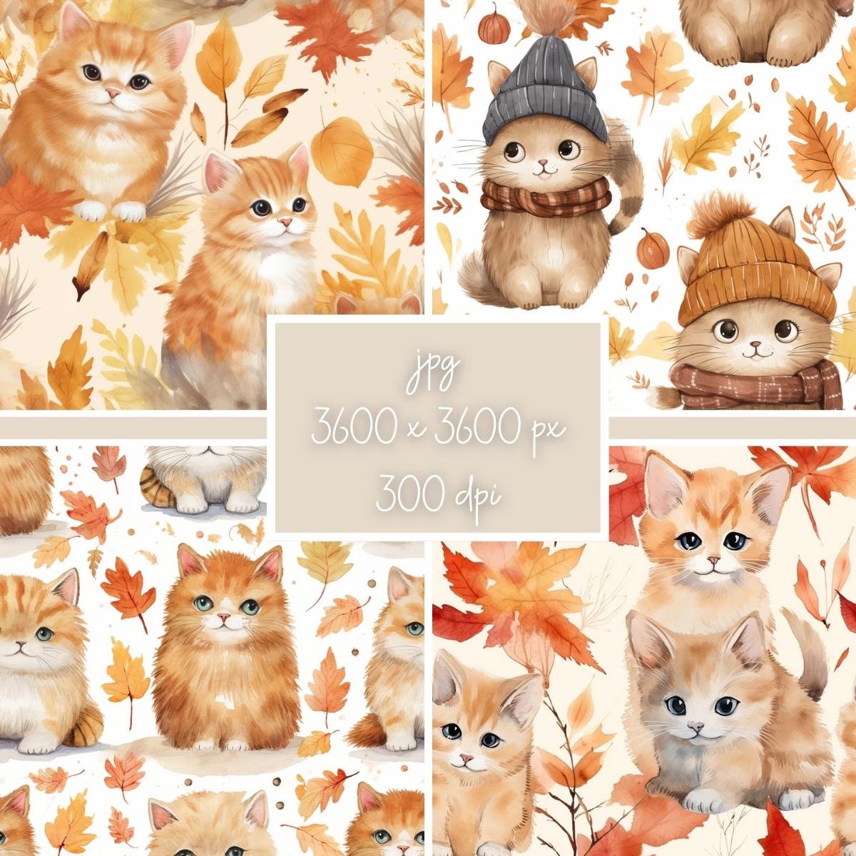 Autumn Cats Digital Paper Set, Watercolor Cats Seamless Pattern, Cute ...