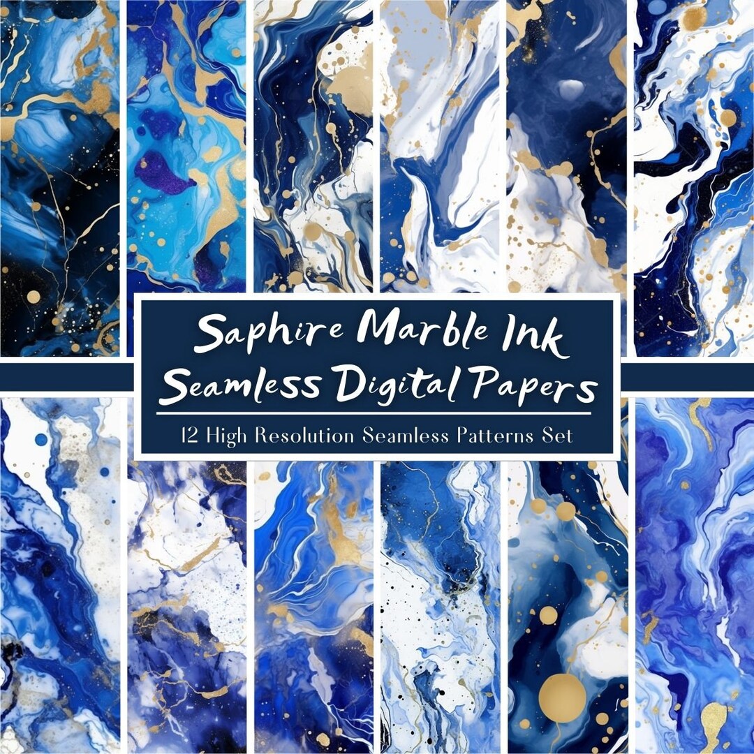 Sapphire Alcohol Ink Digital Paper Set, Blue Marble Ink Seamless ...