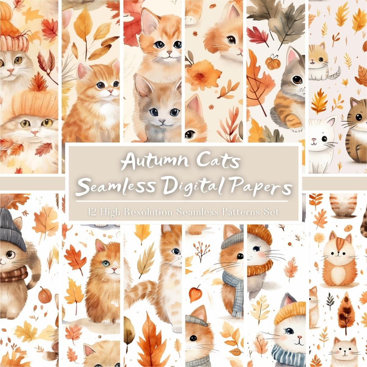 Autumn Cats Digital Paper Set, Watercolor Cats Seamless Pattern, Cute ...