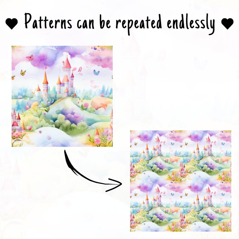 Rainbow Fairytale Digital Paper Set, Colorful Castle Seamless Pattern ...