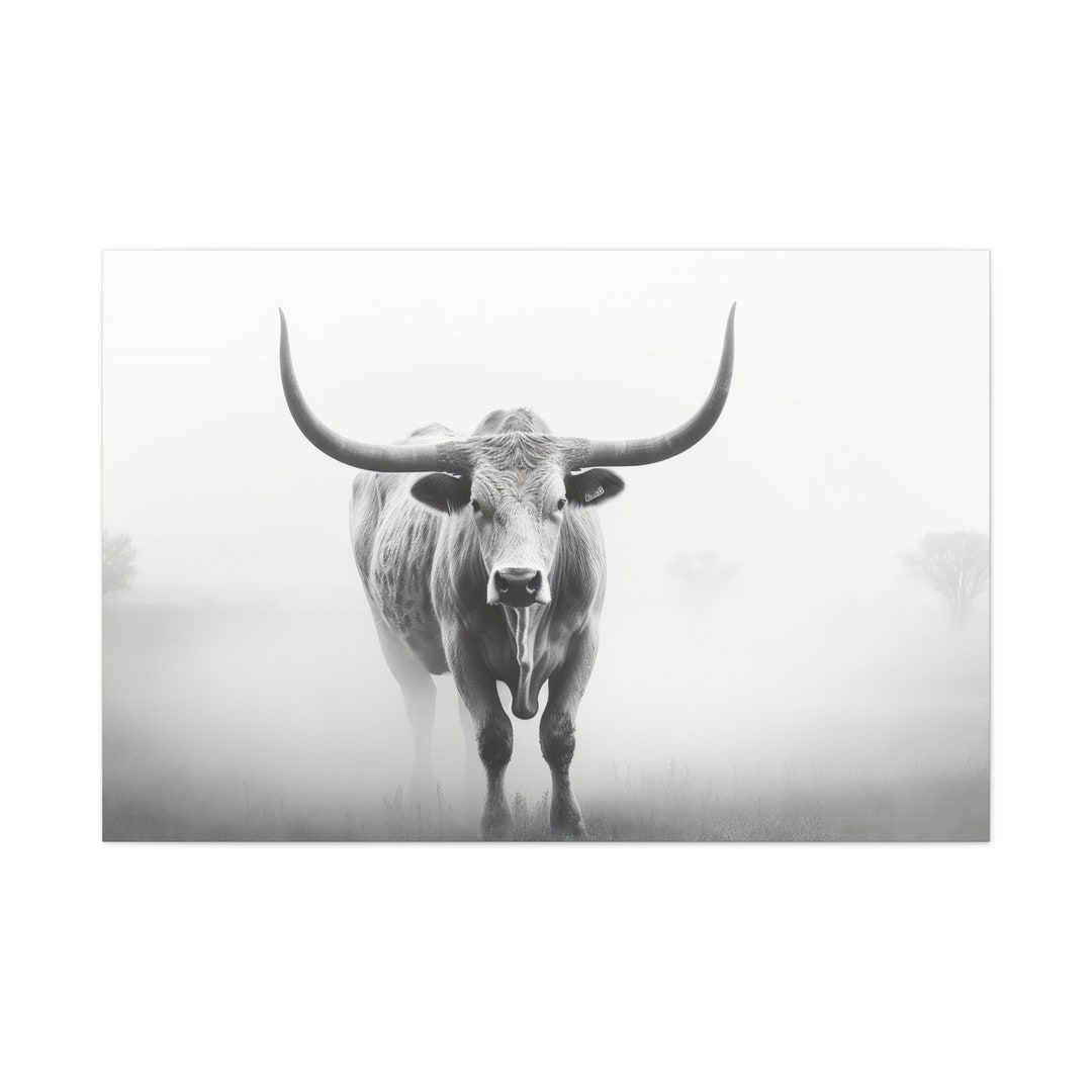 Misty Morning Solitude: Black and White Canvas Print of Texas Longhorn ...