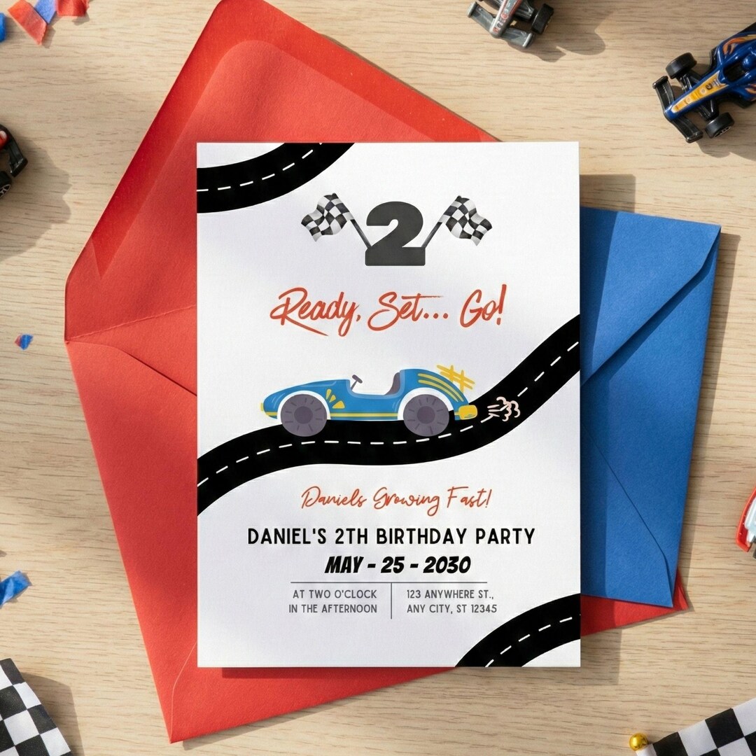 Race Car 2nd Birthday Invitation Printable, 'ready Set Go' Party ...