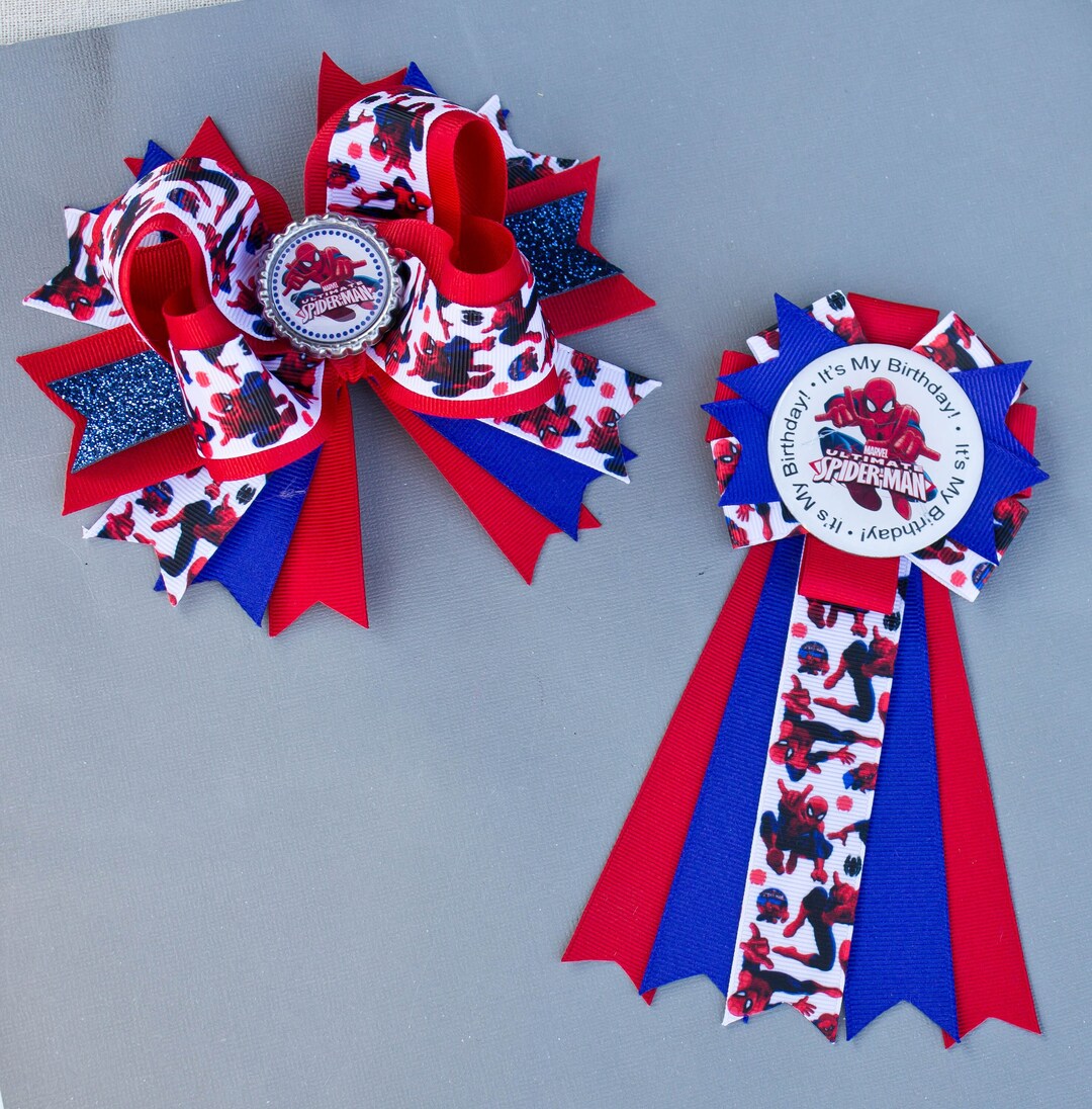 Spiderman Hair Bow and Birthday Pin Set, Spiderman Party, Spiderman Bow ...