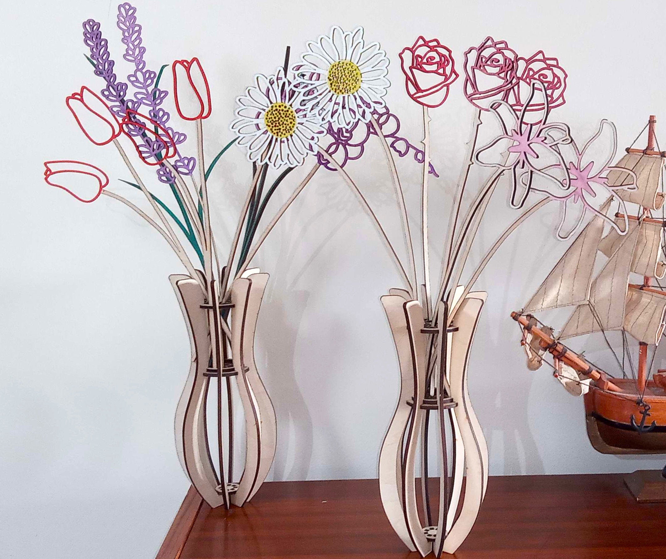 2D Flower Arrangement Vase Wooden Laser Cut Decoration or Gift - Etsy