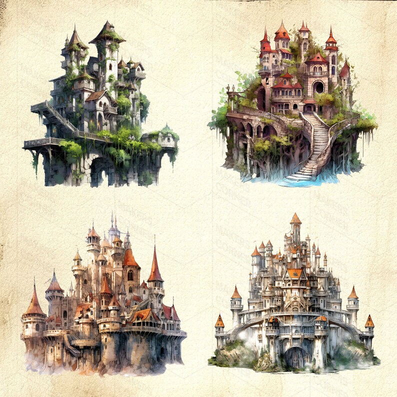 Watercolor Fantastical Castles Clip Art Collection for Fantasy Art and ...